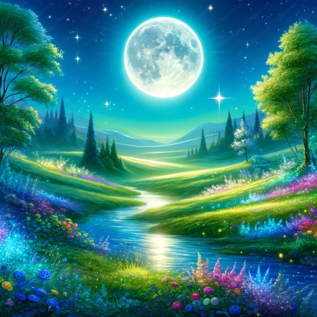 Moonlit Landscape Clipart | Dreamy Night Digital Paper | Ethereal ...