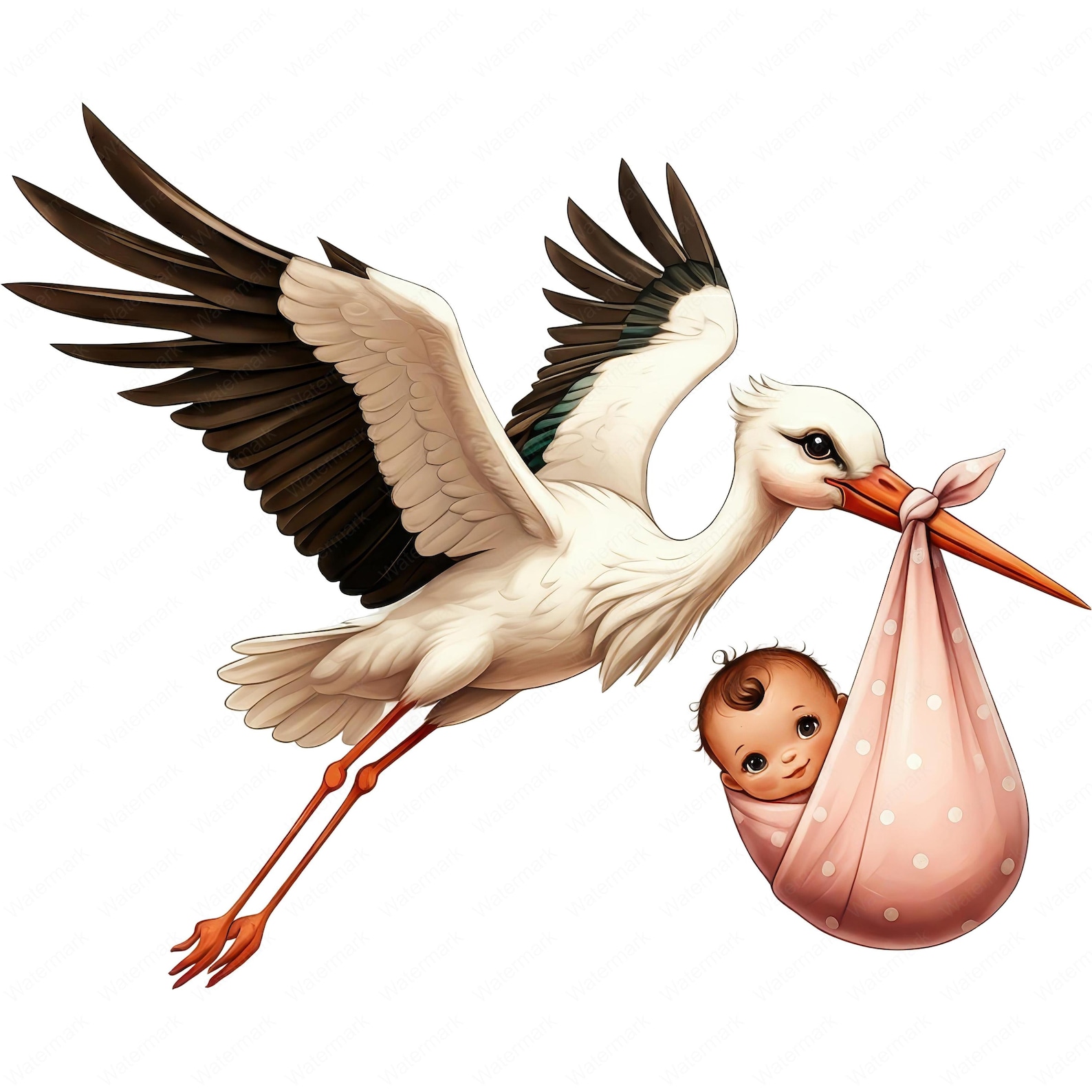 Stork Baby Clipart: Light Brown Skin Tone, Nursery Art (digital ...