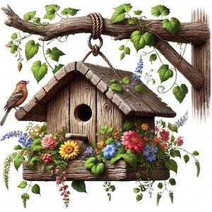Rustic Bird Feeder Clipart: Floral Garden Art Designs (digital Download ...