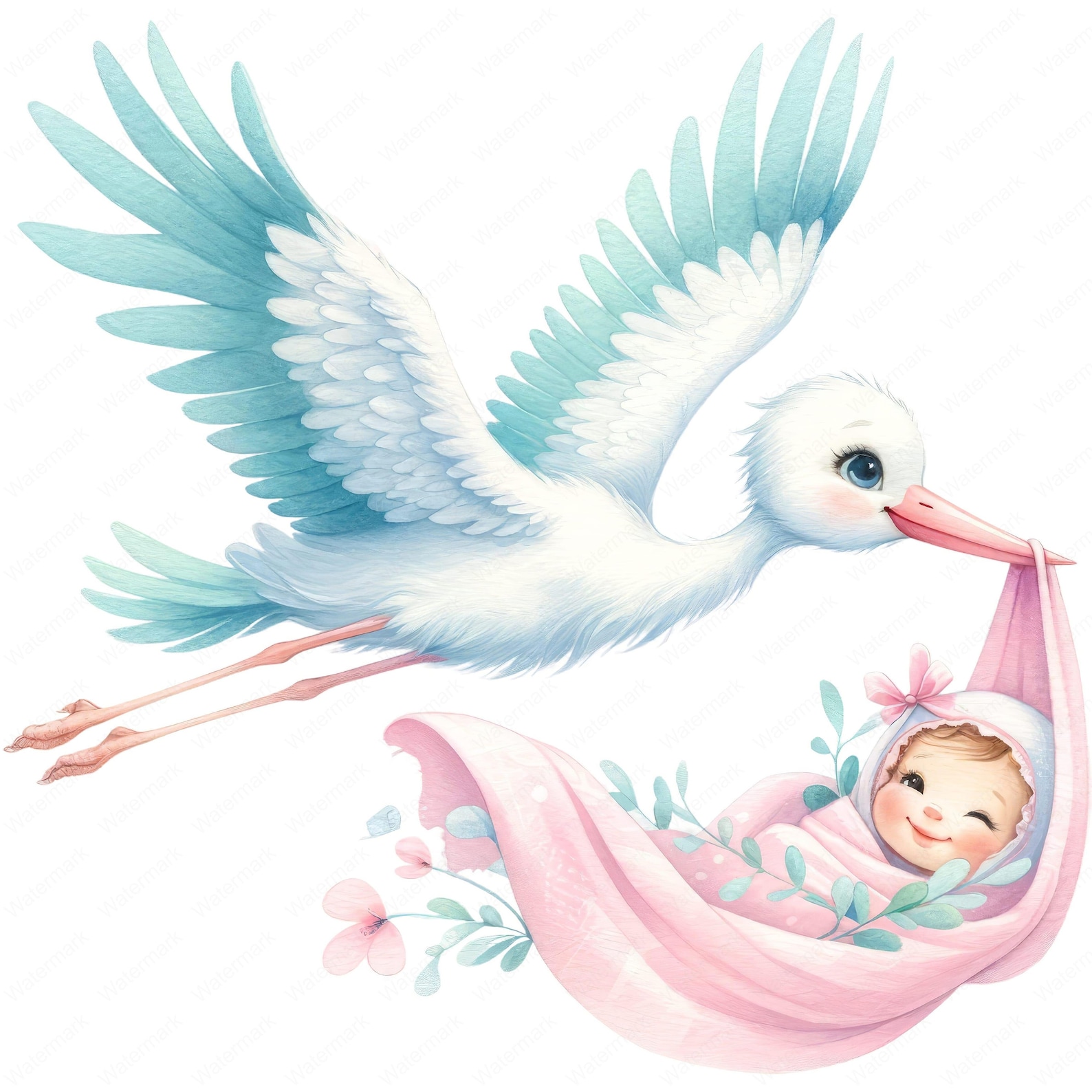 Stork Baby Girl Clipart Bundle: Newborn Art Designs (digital Download ...