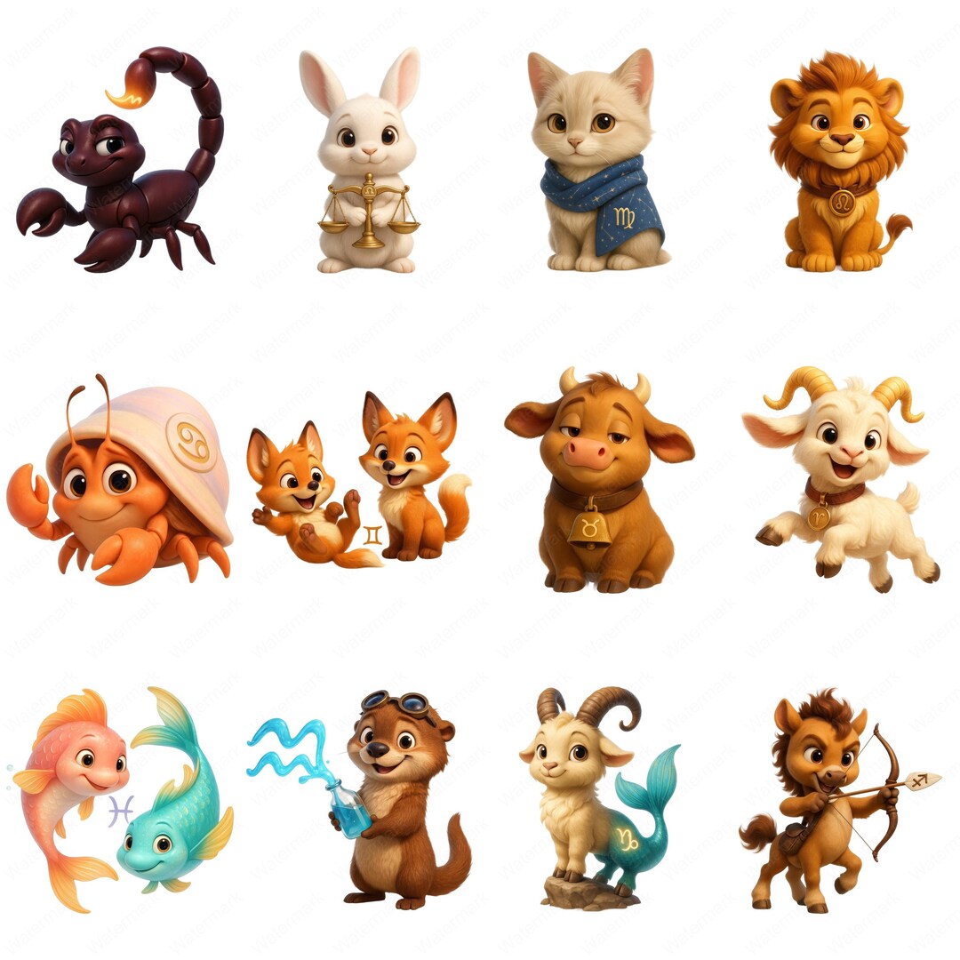 Zodiac Animal Clipart Bundle, Cute Horoscope PNG Graphics (commercial ...