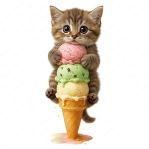 Cute Ice Cream Cat Clipart, 10 Designs High Res PNG Bundle, Sweet ...