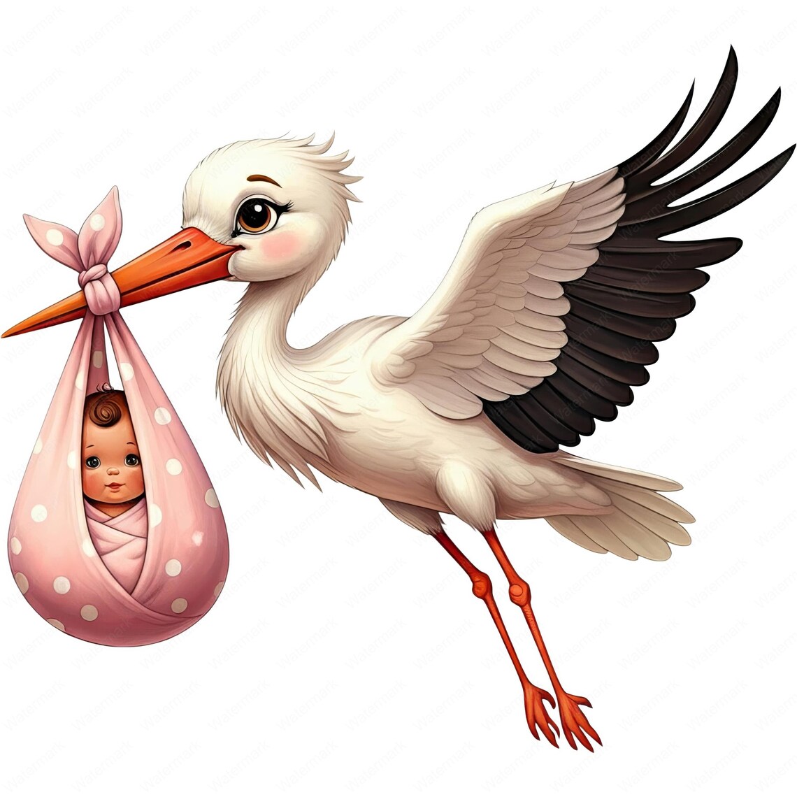Stork Baby Clipart: Light Brown Skin Tone, Nursery Art (digital ...