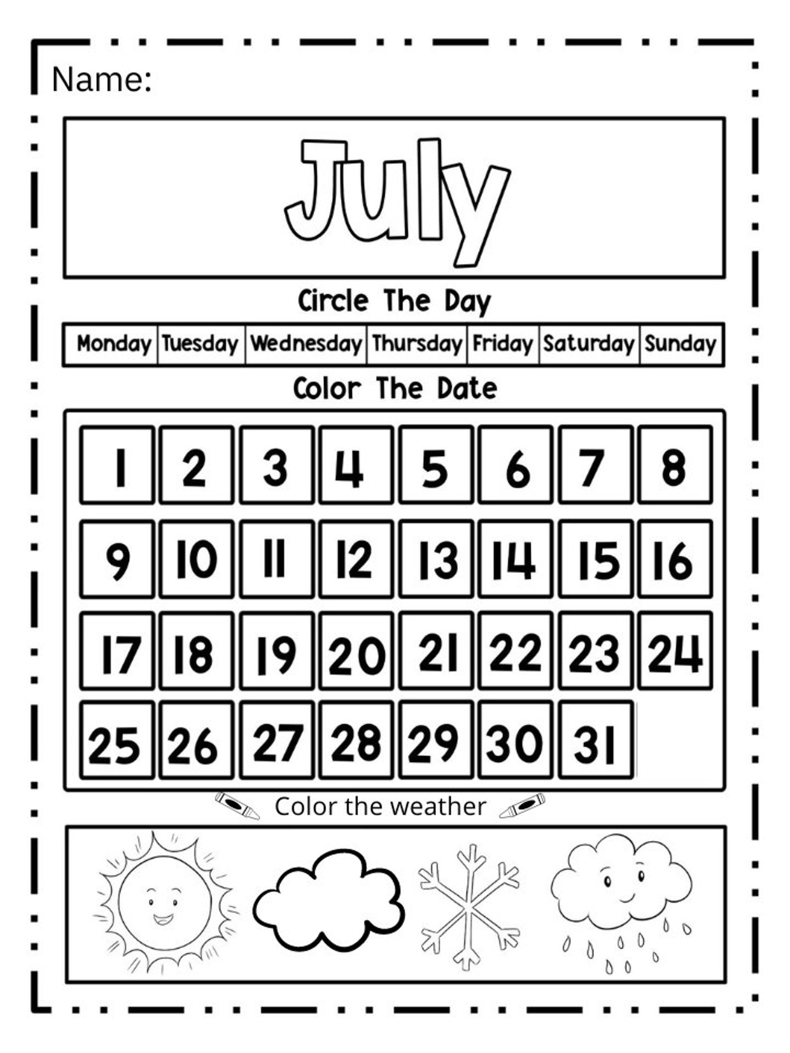 Preschool Calendar Worksheet: Interactive Learning, Weather Activity ...