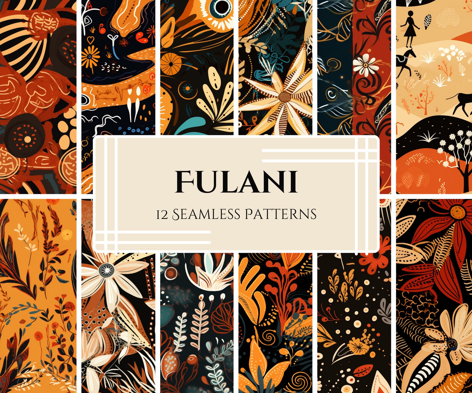 Fulani Voyage Floral & Tribal Pattern Pack - Earthy Tones Digital Paper ...