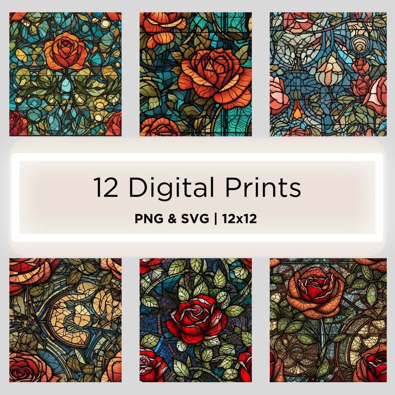 Stained Glass Rose SVG & PNG Patterns - 12 Digital Scrapbooking Papers ...