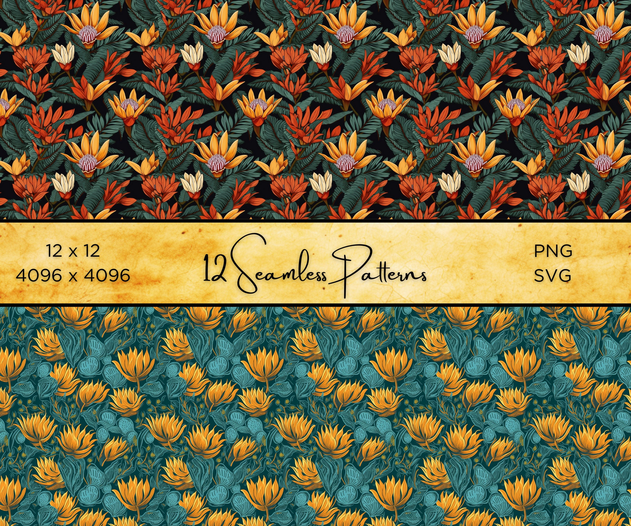 African Floral Pattern Pack 12 Vibrant PNG Format Digital Papers ...