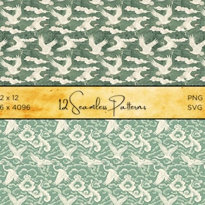 Korean Celadon-inspired Crane and Cloud Pattern Pack, Goryeo Dynasty Style Digital Papers, Noble ...