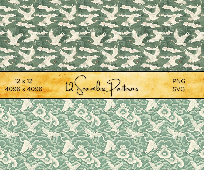 Korean Celadon-inspired Crane and Cloud Pattern Pack, Goryeo Dynasty Style Digital Papers, Noble ...