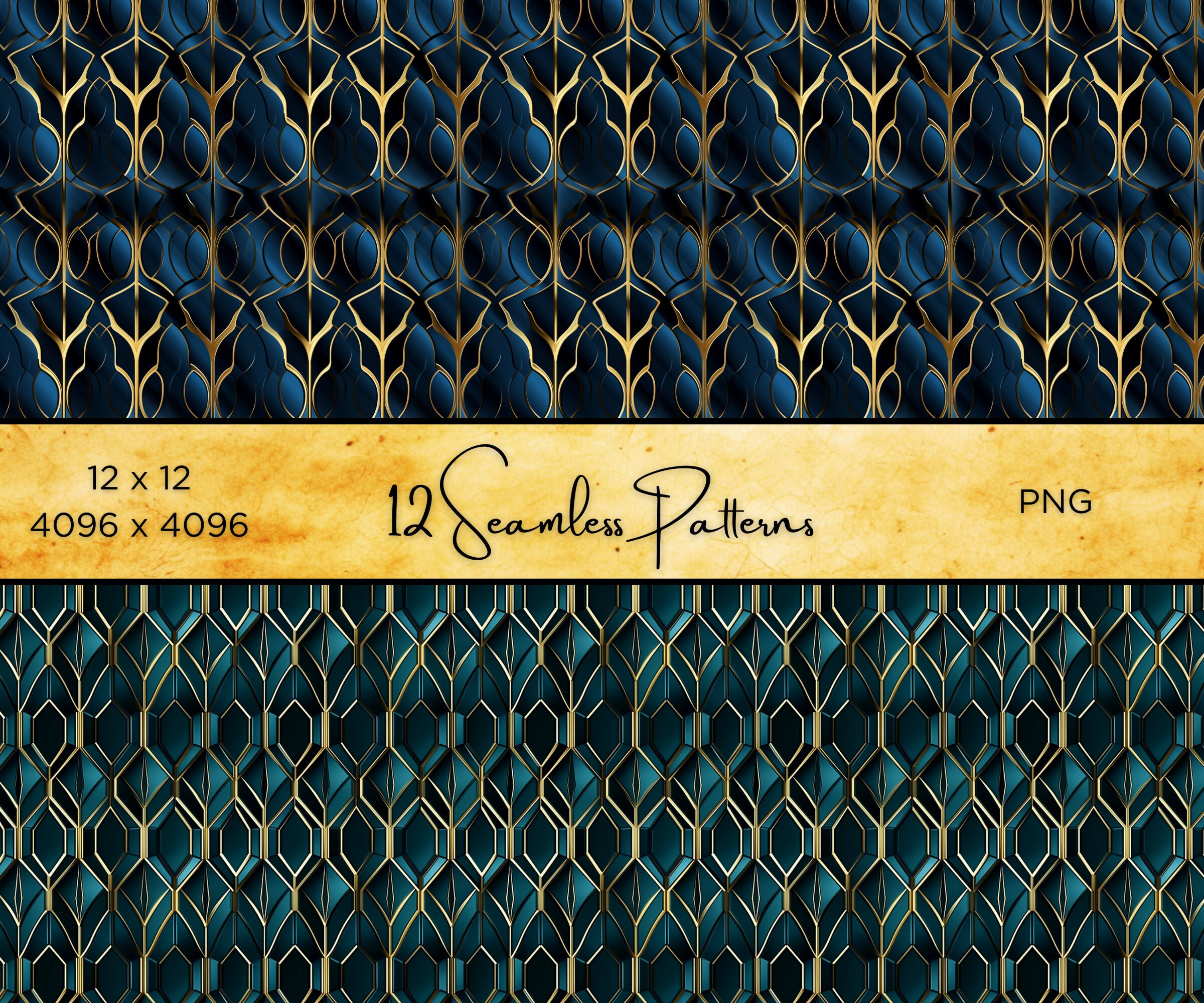 Art Deco Digital Patterns: Deco Gold Hexagon & Teardrop on Navy Blue ...