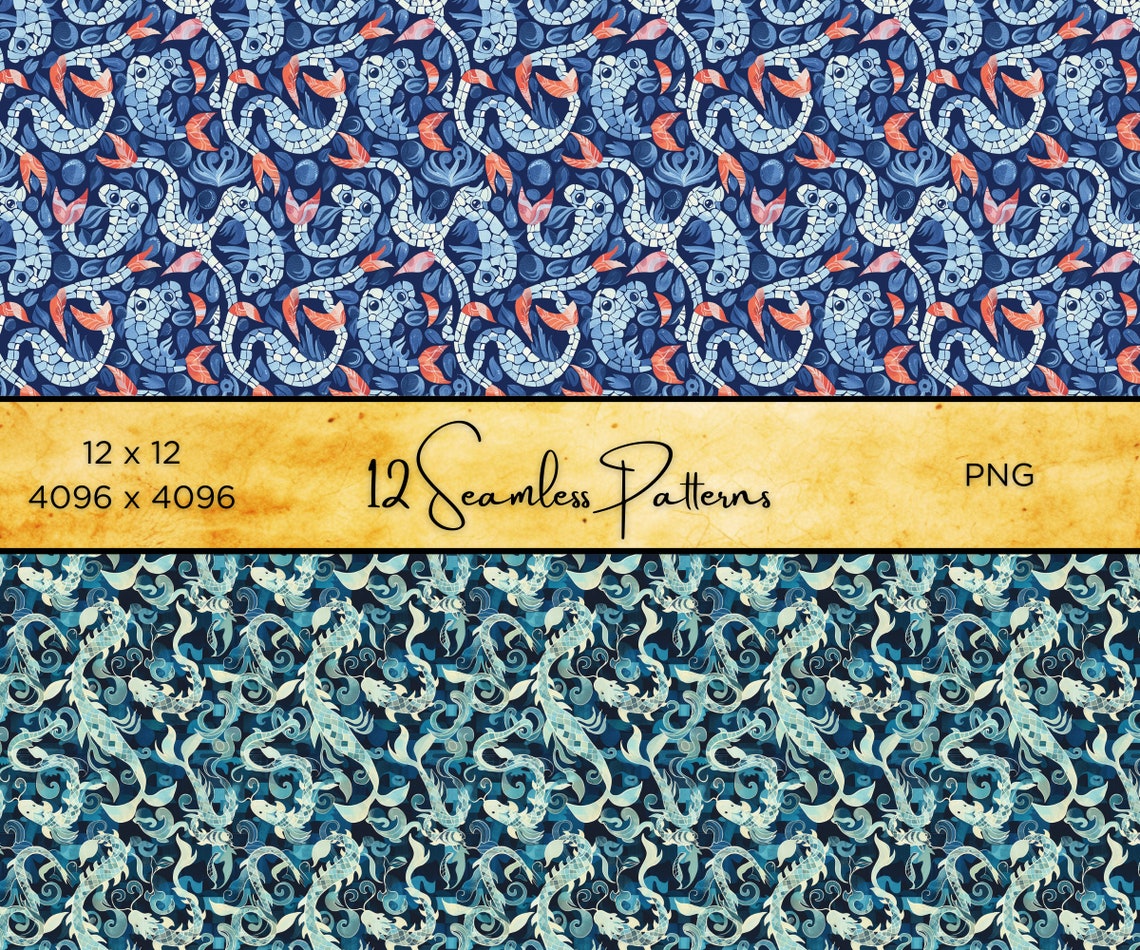 Greek Myth Oceanic Pattern Pack: Mermaid & Sea Flora Designs (PNG) - Etsy