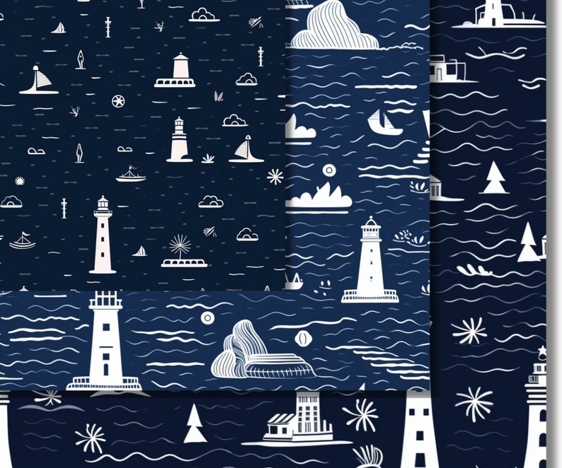 Nautical Adventure Digital Pattern Pack - Navy Blue & White Minimalist ...
