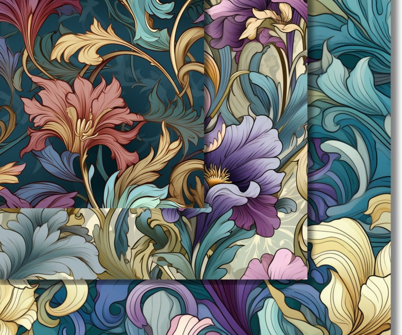Art Nouveau Floral Patterns: Pastel & Jewel Tones (PNG Digital Pack) - Etsy