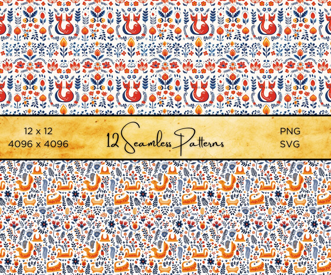 Whimsical Woodland & Botanical Digital Patterns - Vibrant Folk Art ...
