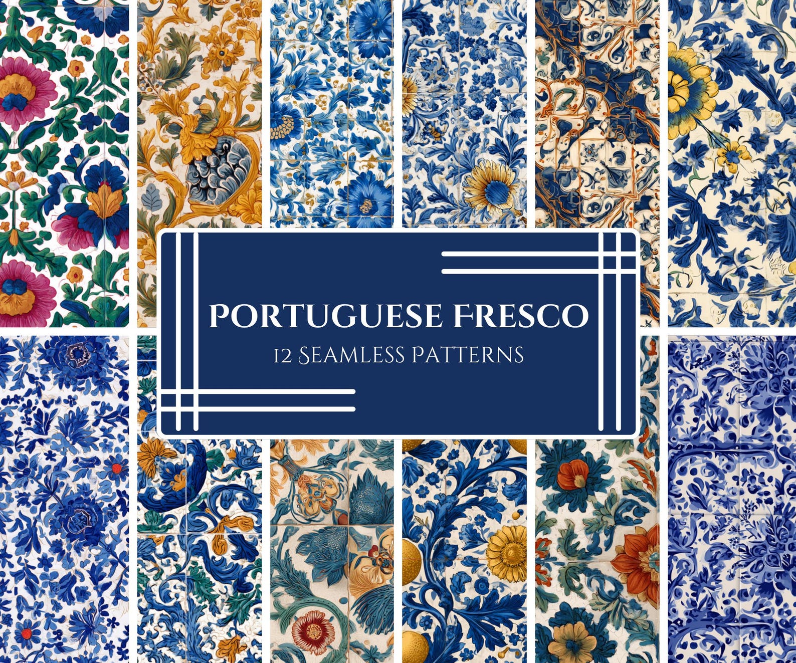 Traditional Portuguese Tile Pattern Pack – Blue Yellow Floral Fresco ...