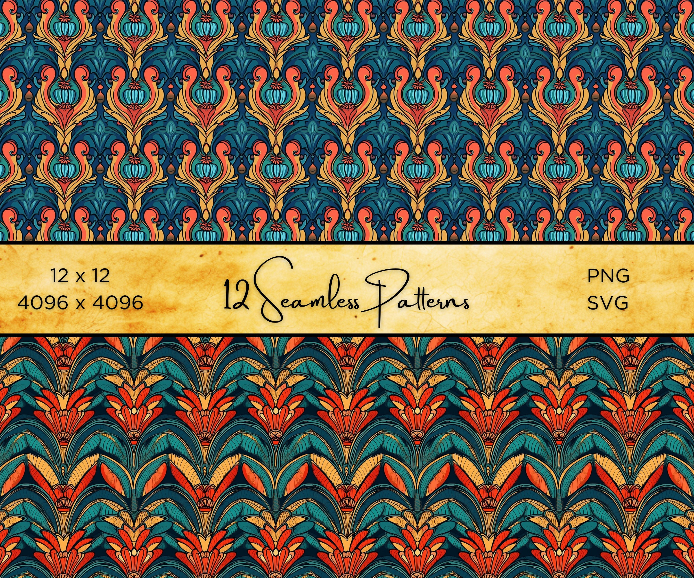 African Boho Art Nouveau Digital Patterns - 12 PNG Patterns - Ideal for ...