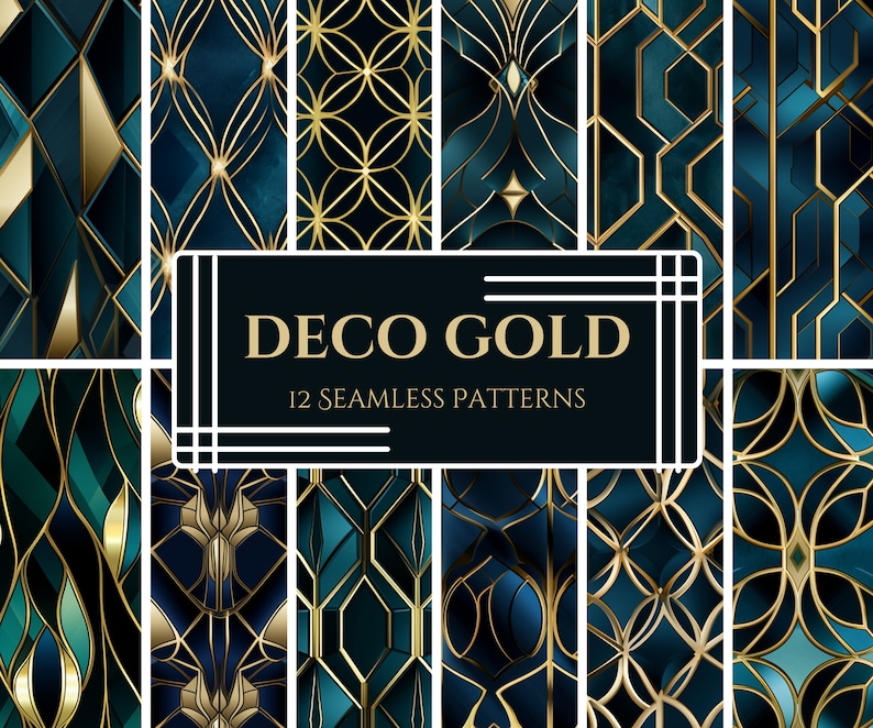 Art Deco Digital Patterns: Deco Gold Hexagon & Teardrop on Navy Blue ...