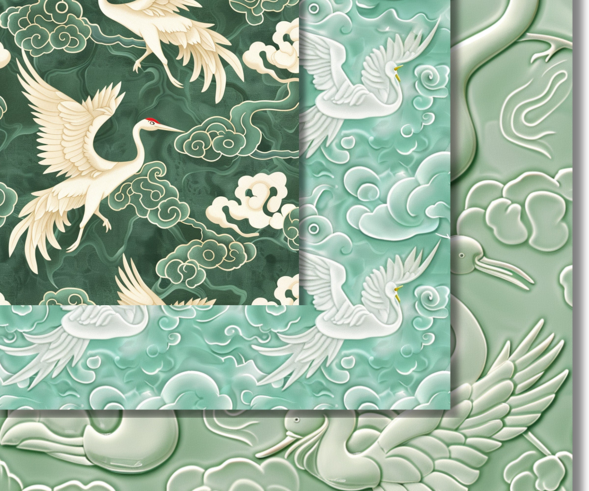 Korean Celadon-inspired Crane and Cloud Pattern Pack, Goryeo Dynasty Style Digital Papers, Noble ...