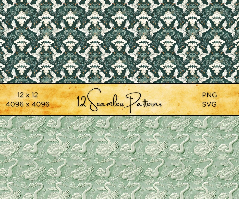 Korean Celadon-inspired Crane and Cloud Pattern Pack, Goryeo Dynasty Style Digital Papers, Noble ...