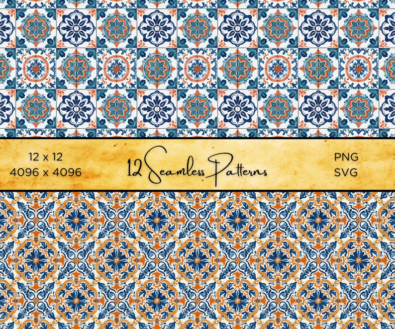 Vintage Mediterranean Tile Patterns: Spanish Azulejo Digital Paper (PNG ...