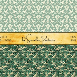 Korean Celadon-inspired Crane and Cloud Pattern Pack, Goryeo Dynasty Style Digital Papers, Noble ...