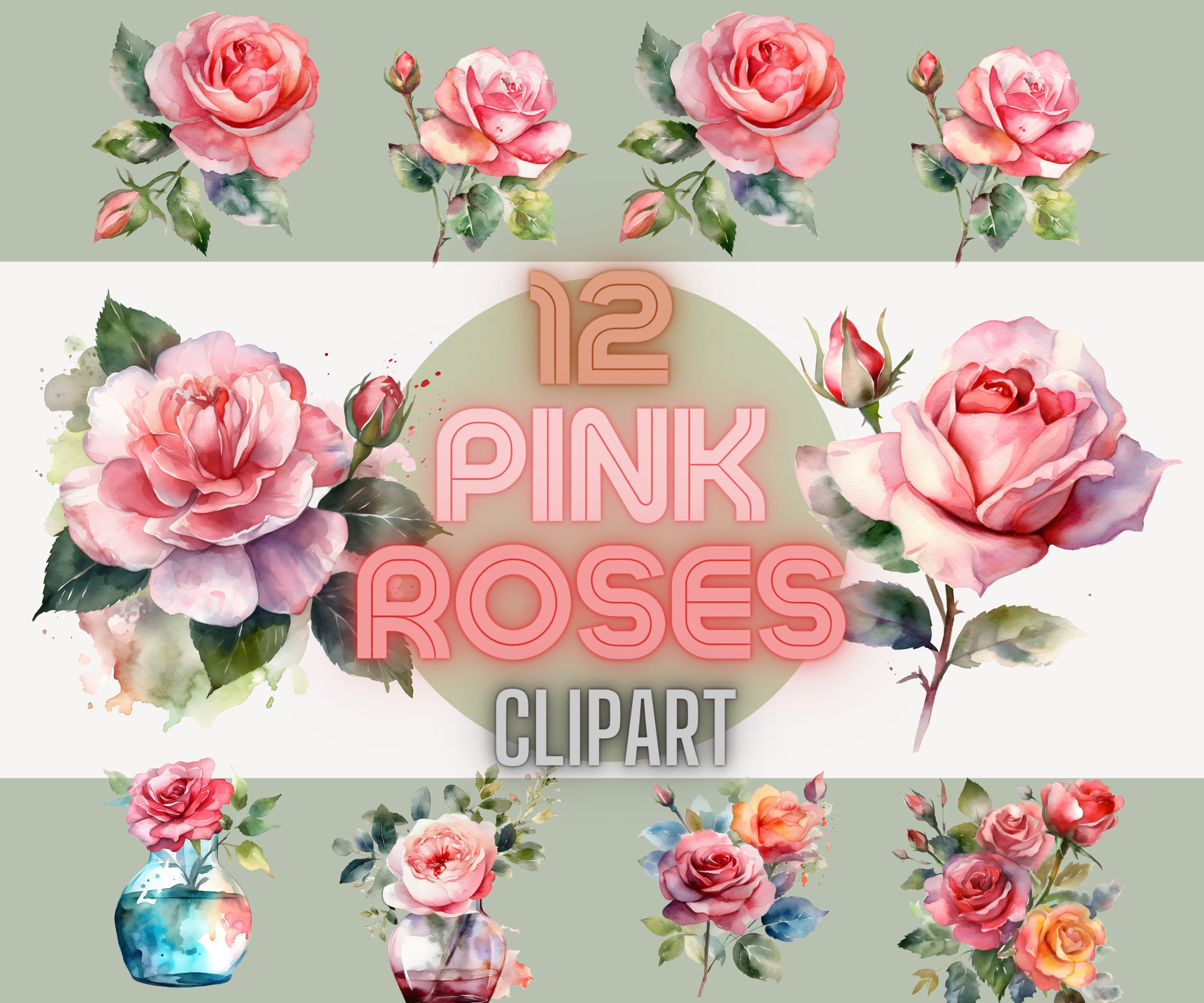 Watercolor Pink Rose Clipart Set: 12 Floral Designs (digital Download ...