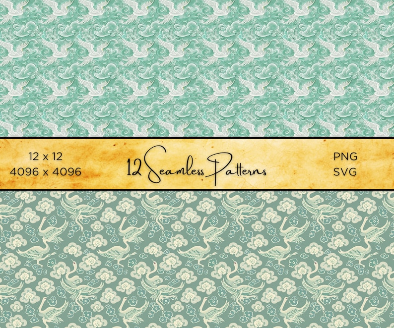 Korean Celadon-inspired Crane and Cloud Pattern Pack, Goryeo Dynasty Style Digital Papers, Noble ...