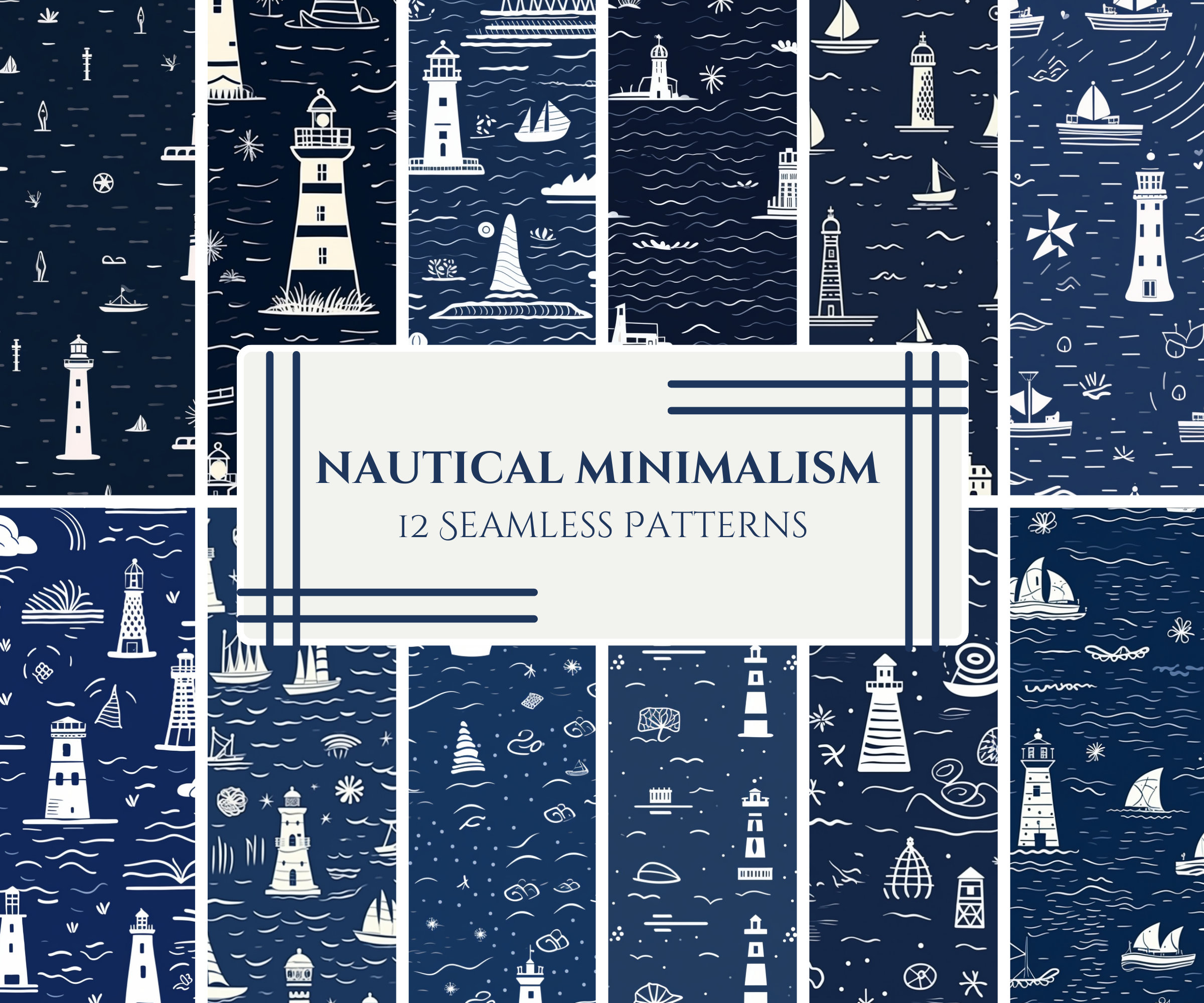 Nautical Line Art Pattern Pack: Navy Blue Maritime Designs (digital ...