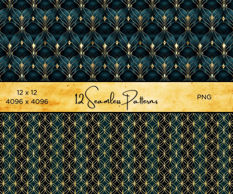 Art Deco Digital Patterns: Deco Gold Hexagon & Teardrop on Navy Blue ...