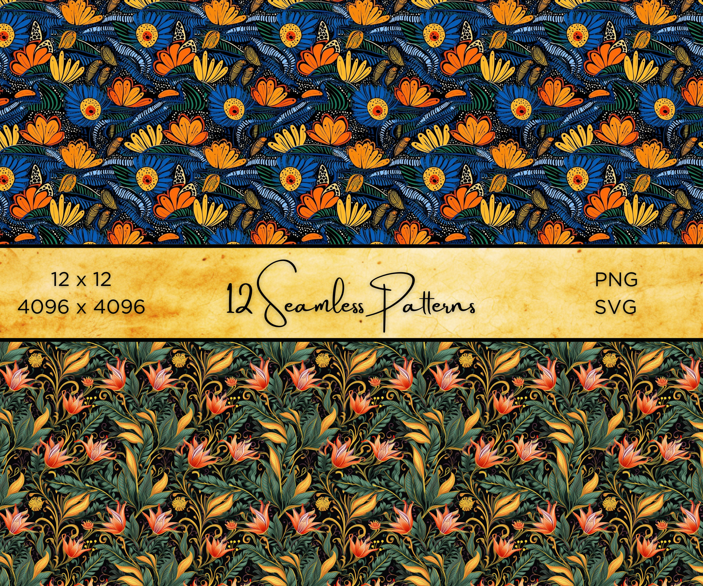 African Floral Pattern Pack 12 Vibrant PNG Format Digital Papers ...