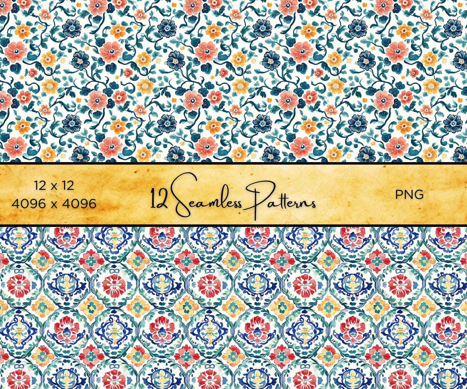 Watercolor Korean Dancheong Pattern Pack: Floral & Geometric Designs ...