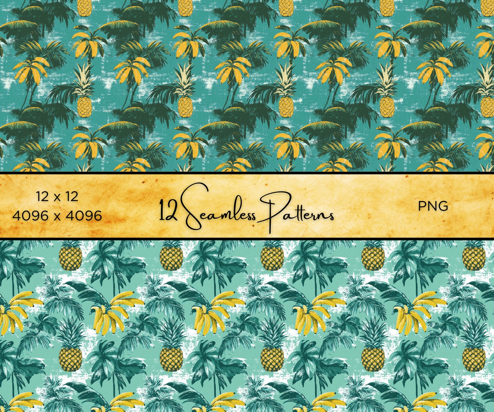 Vintage Tropical Pattern Pack: Retro Palm, Pineapple PNG (12 Seamless ...