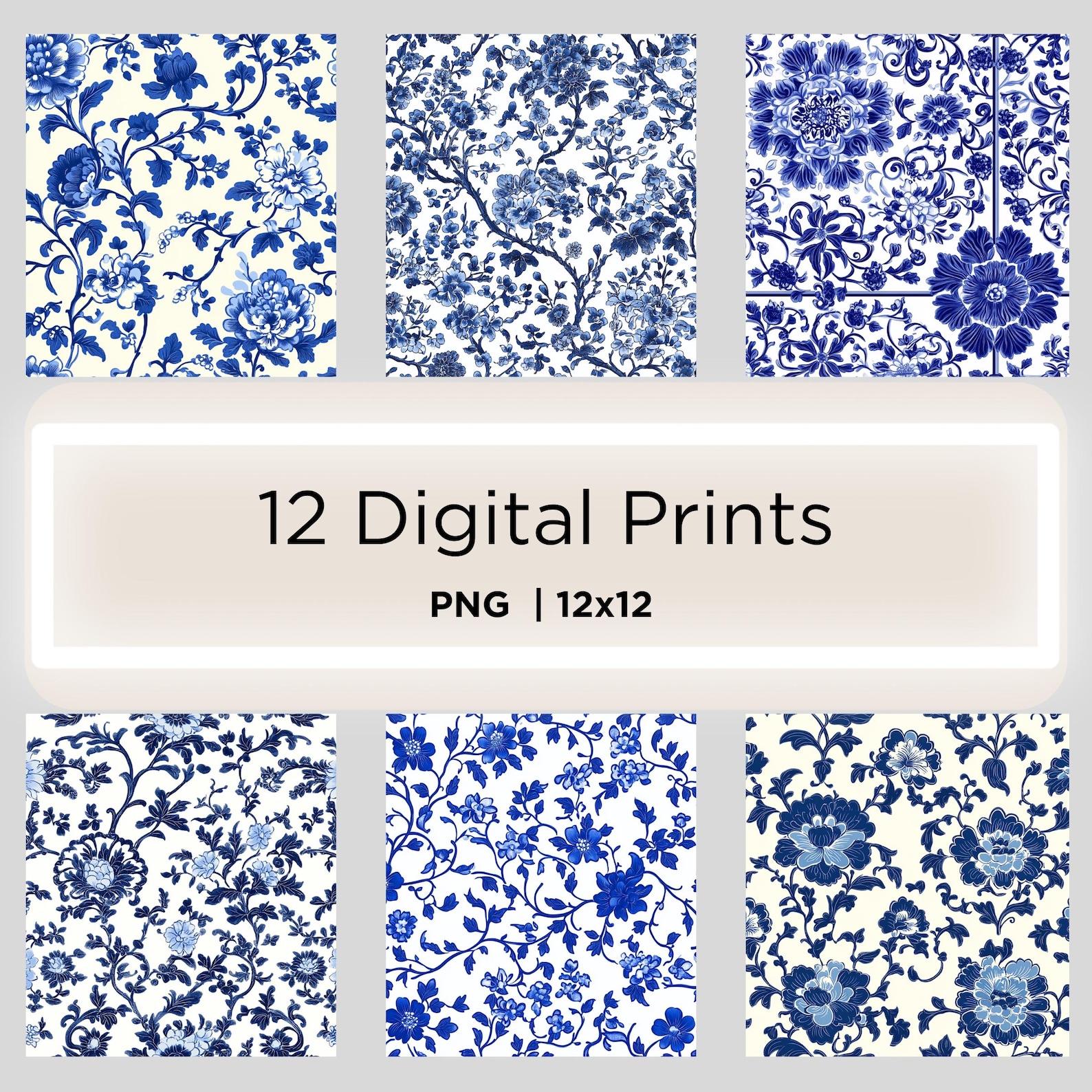 Blue & White Floral Pattern Pack: Chinoiserie Porcelain Designs (PNG ...