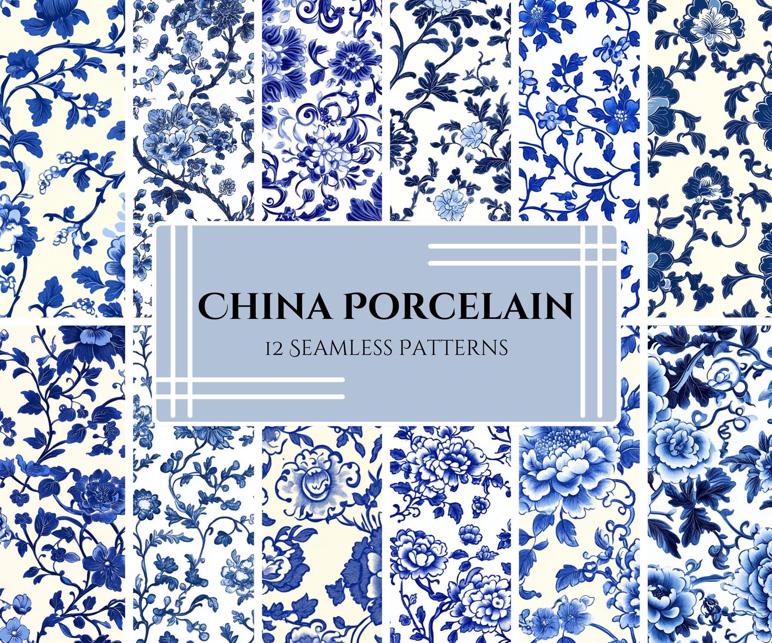 Blue & White Floral Pattern Pack: Chinoiserie Porcelain Designs (PNG ...