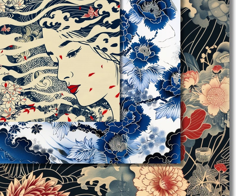 Ukiyo-e Inspired Pattern Pack: Japanese Woodblock Prints, Prussian Blue ...