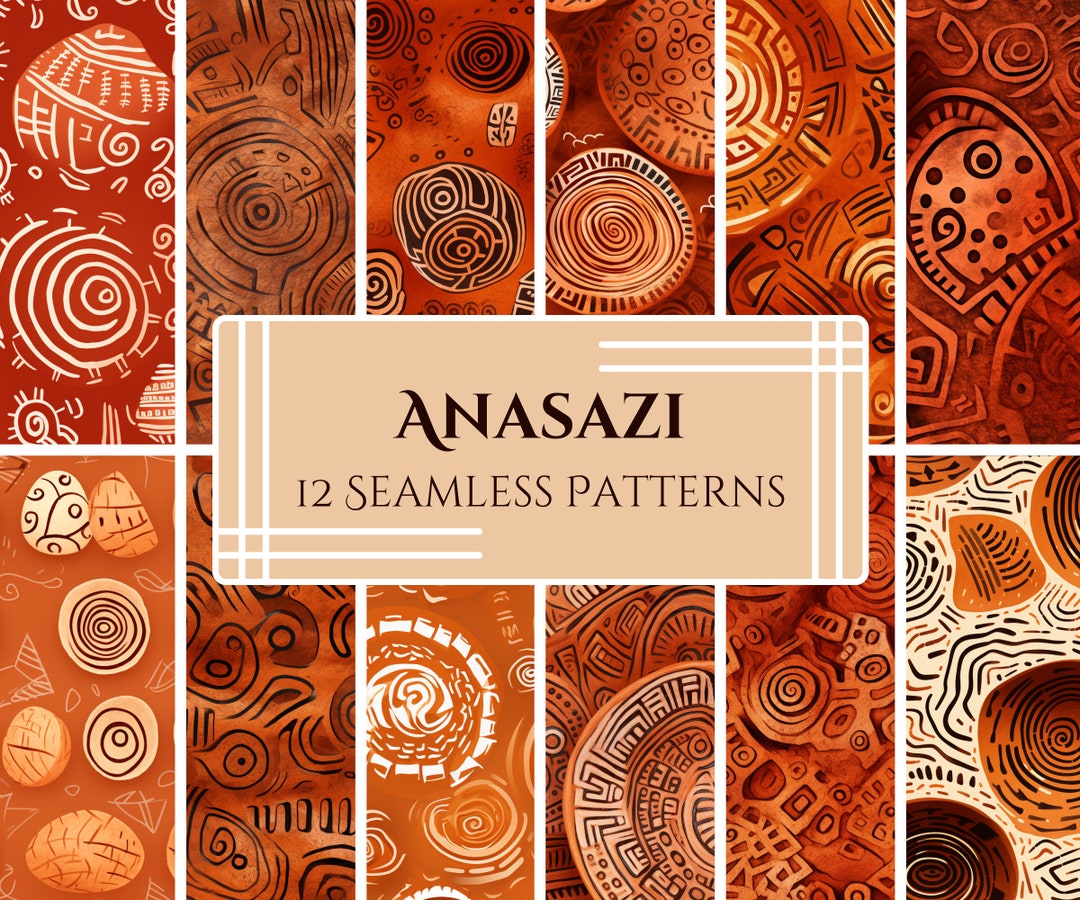 Anasazi Pottery Seamless Pattern Pack - Spirals & Animal Motifs, Terracotta Textured Digital ...