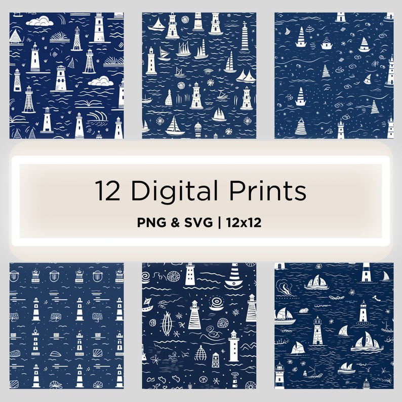 Nautical Adventure Digital Pattern Pack - Navy Blue & White Minimalist ...