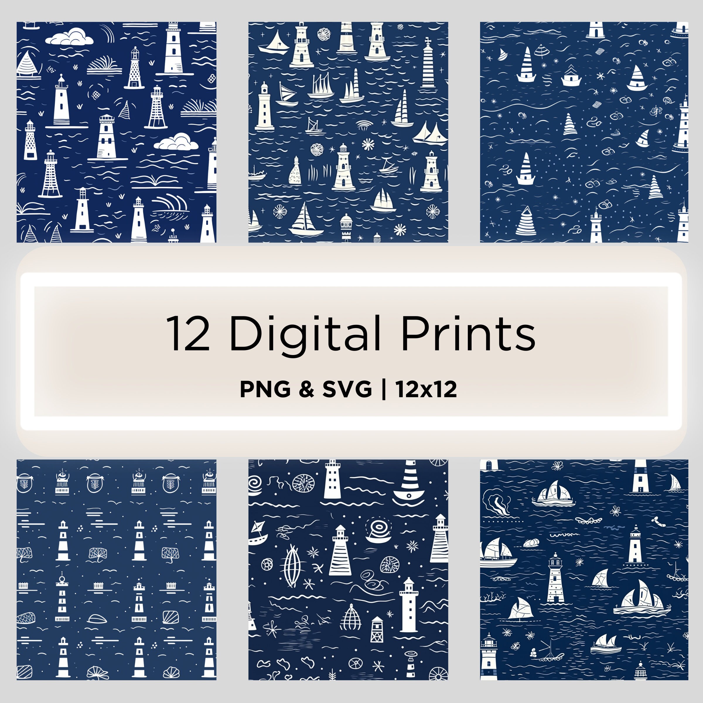 Nautical Line Art Pattern Pack: Navy Blue Maritime Designs (digital ...