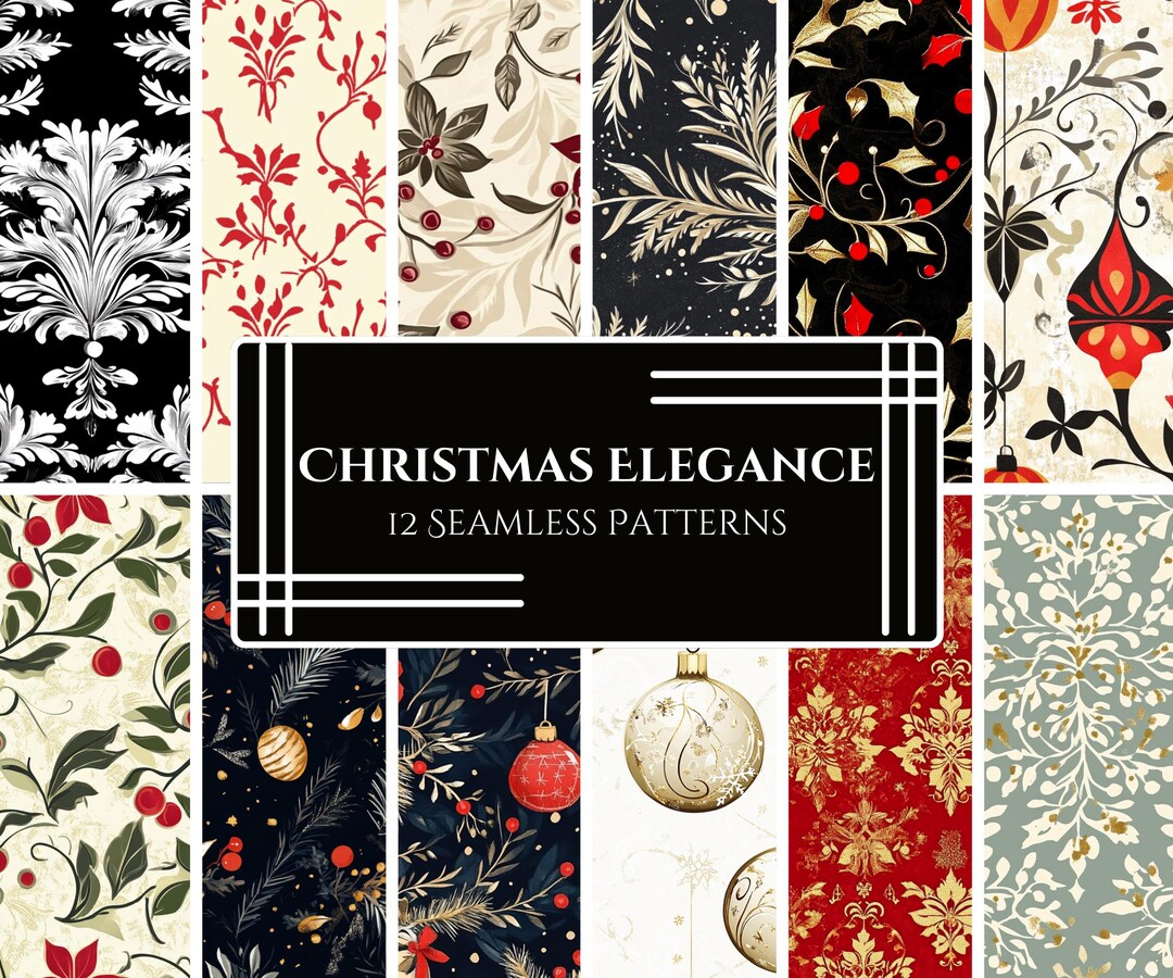 Elegant Christmas Motif Pattern Pack | Vintage Floral, Gold Holly, Red ...