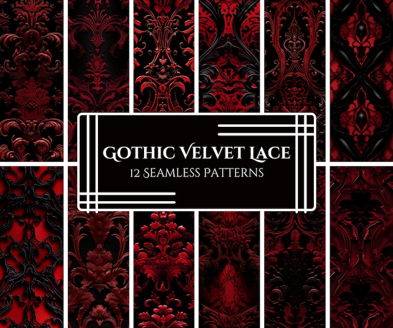 Victorian Gothic Lace Digital Patterns - Luxurious Red and Black Velvet Textured Baroque Designs ...