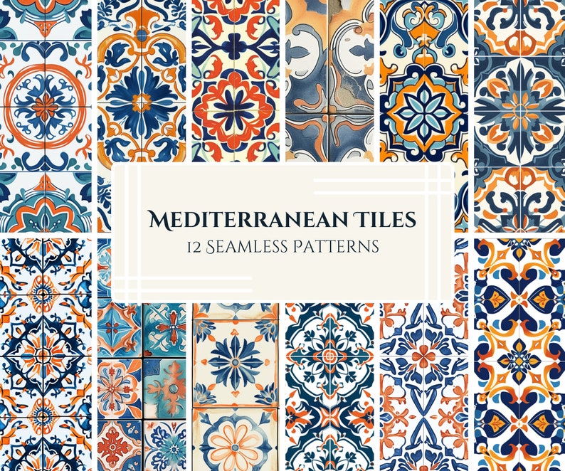 Vintage Mediterranean Tile Patterns: Spanish Azulejo Digital Paper (PNG ...