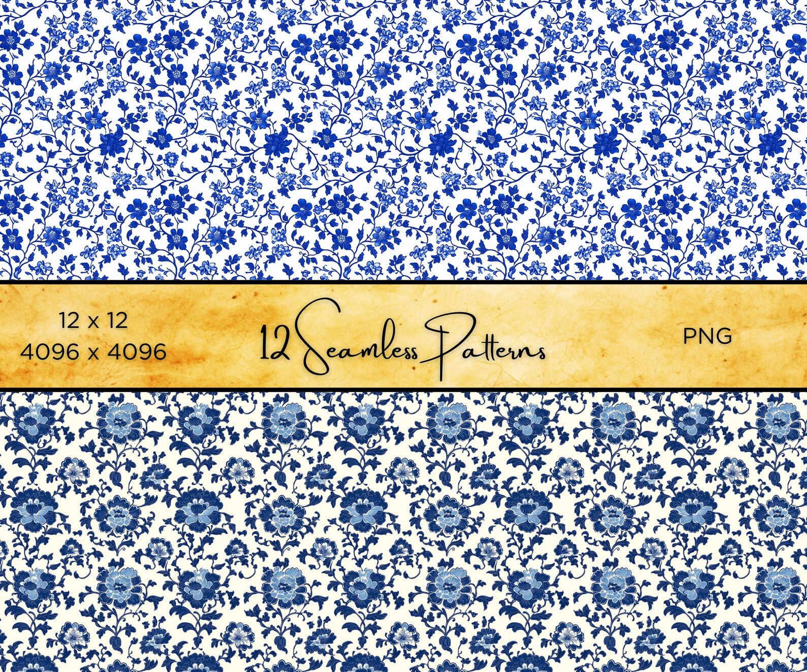 Blue & White Floral Pattern Pack: Chinoiserie Porcelain Designs (PNG ...