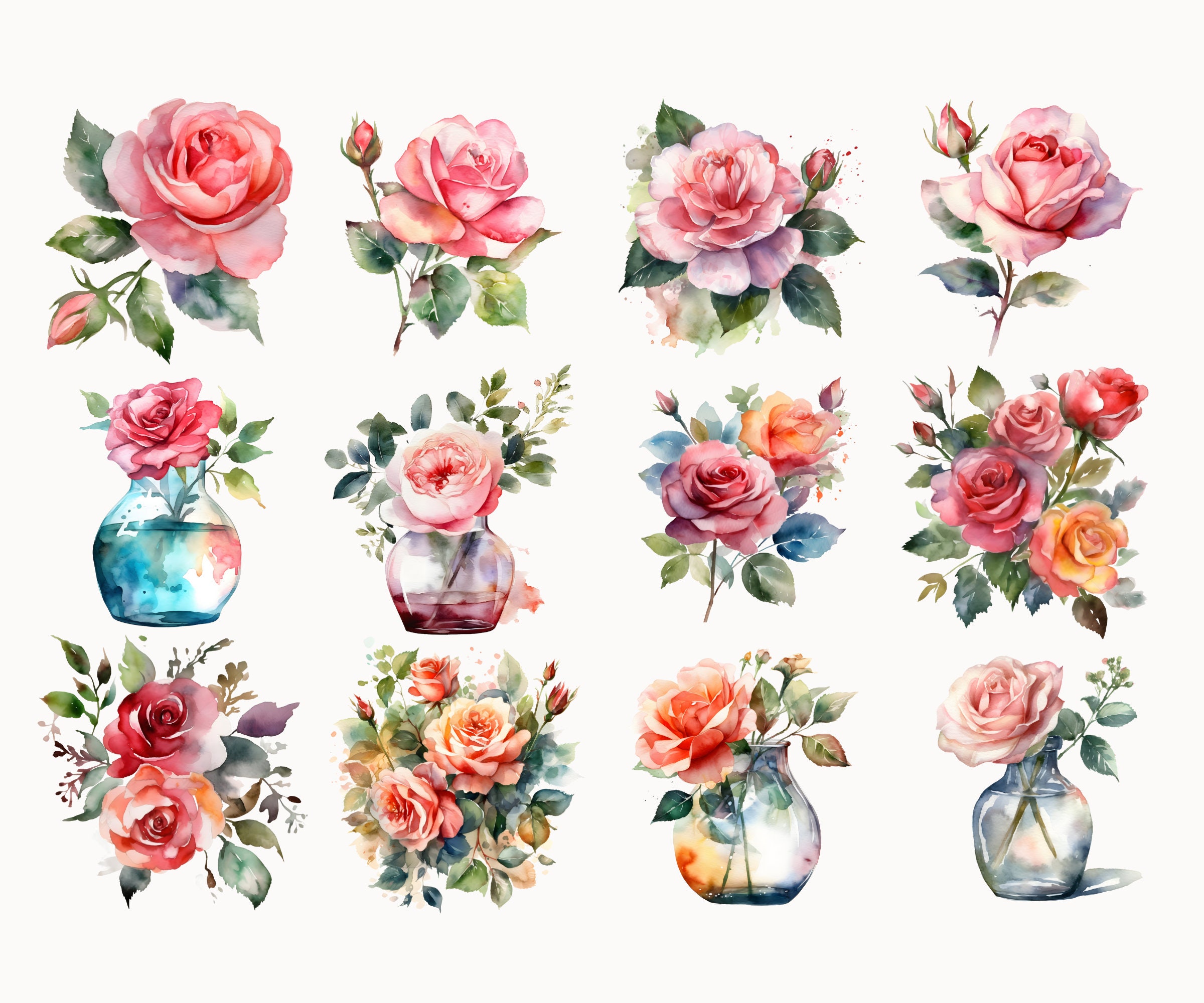 Watercolor Pink Rose Clipart Set - 12 Floral Watercolor Designs - Boho ...