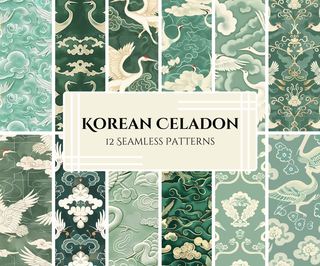 Korean Celadon-inspired Crane and Cloud Pattern Pack, Goryeo Dynasty Style Digital Papers, Noble ...