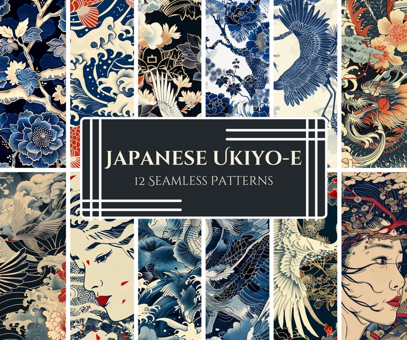 Ukiyo-e Inspired Pattern Pack: Japanese Woodblock Prints, Prussian Blue ...