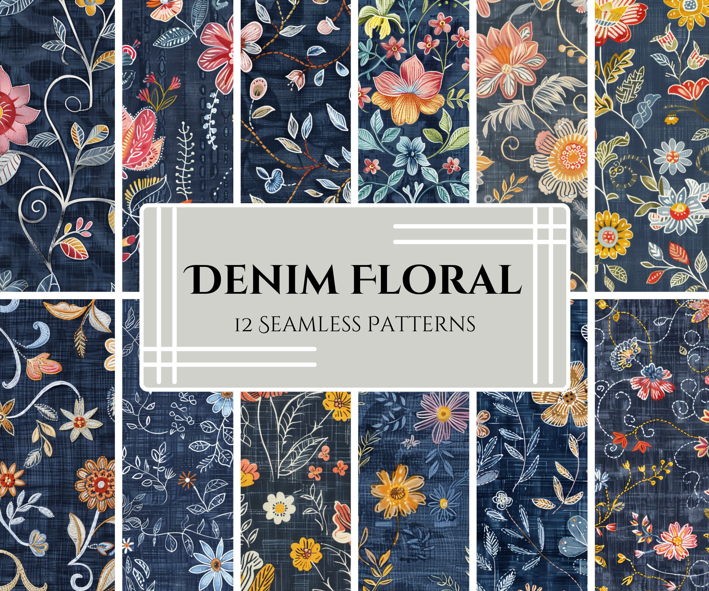 Denim Floral Embroidery Digital Patterns Pack Vintage-inspired Flowers ...