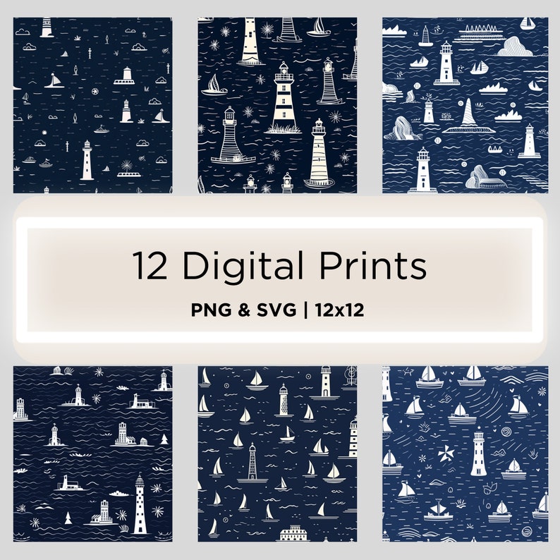 Nautical Adventure Digital Pattern Pack - Navy Blue & White Minimalist ...