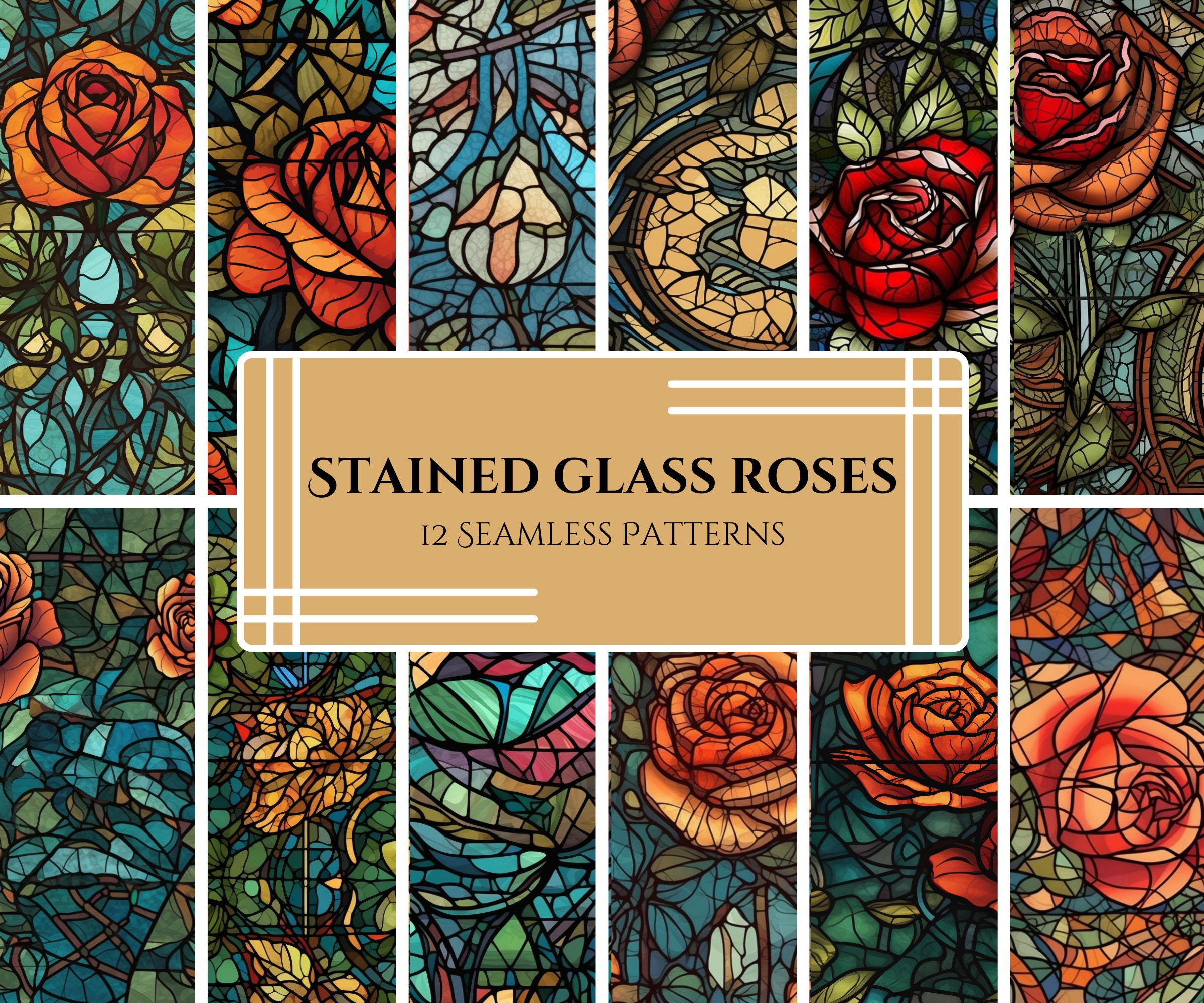 Stained Glass Rose SVG & PNG Patterns - 12 Digital Scrapbooking Papers ...