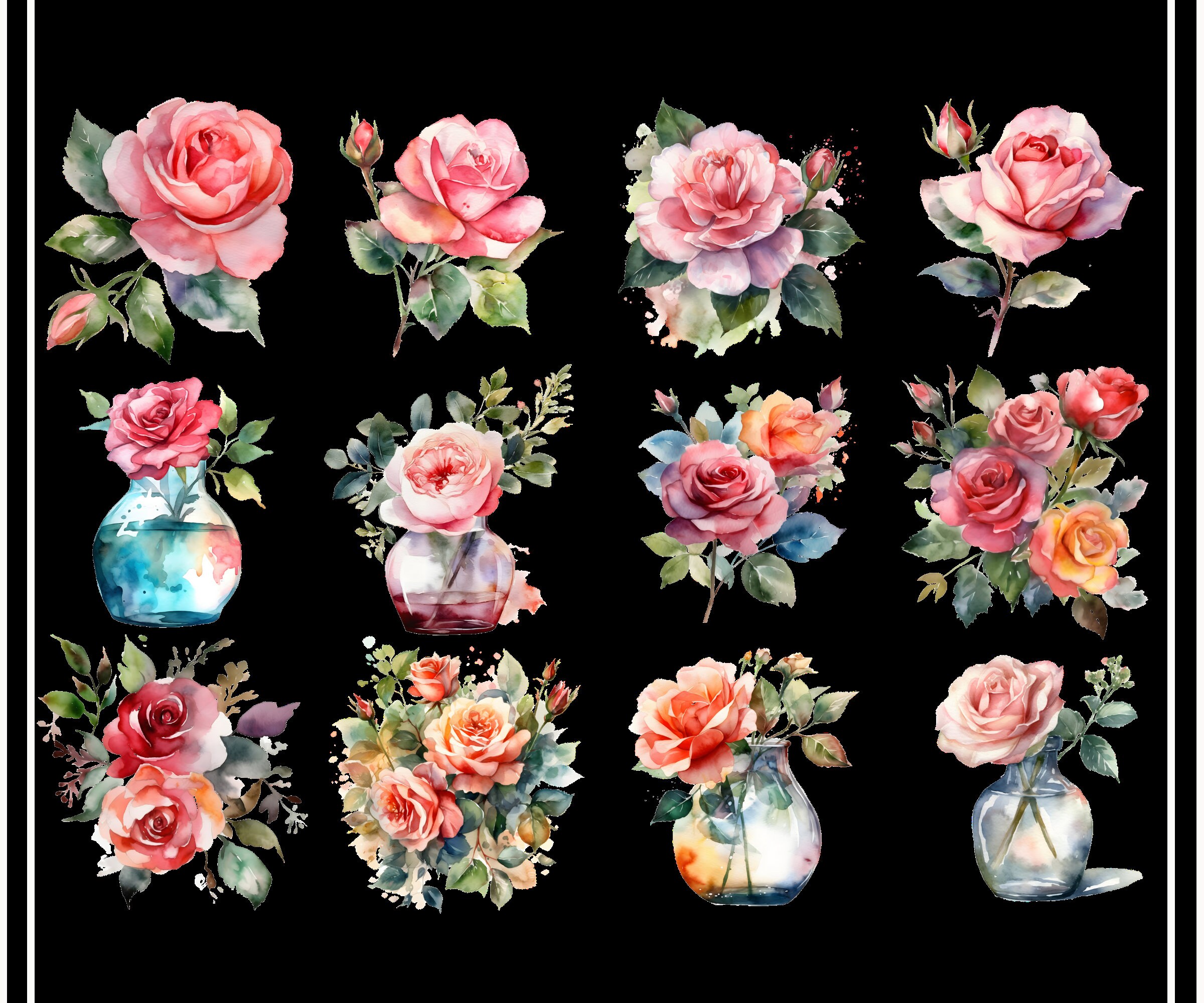 Watercolor Pink Rose Clipart Set 12 Floral Watercolor Designs Boho Rose ...