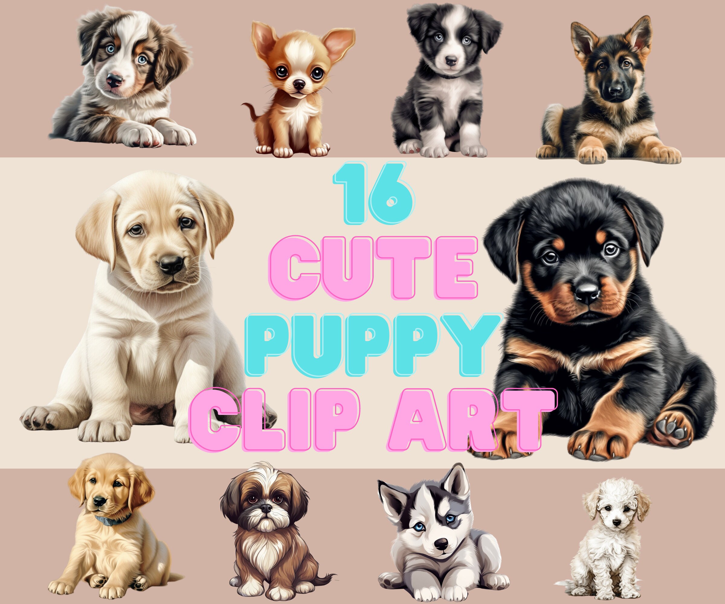 Cute Puppy Clipart Pack 16 Dog Breeds Printable Stickers Transparent ...